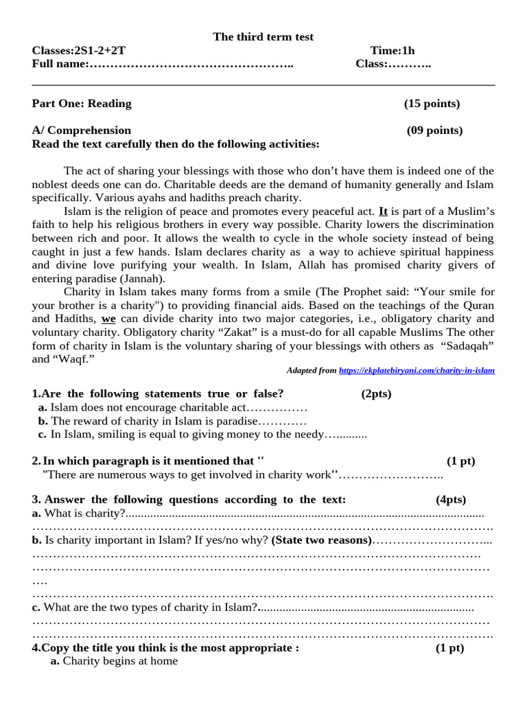 Charity-in-Islam-Test - نسخة | PDF | Hadith | Abrahamic Religions