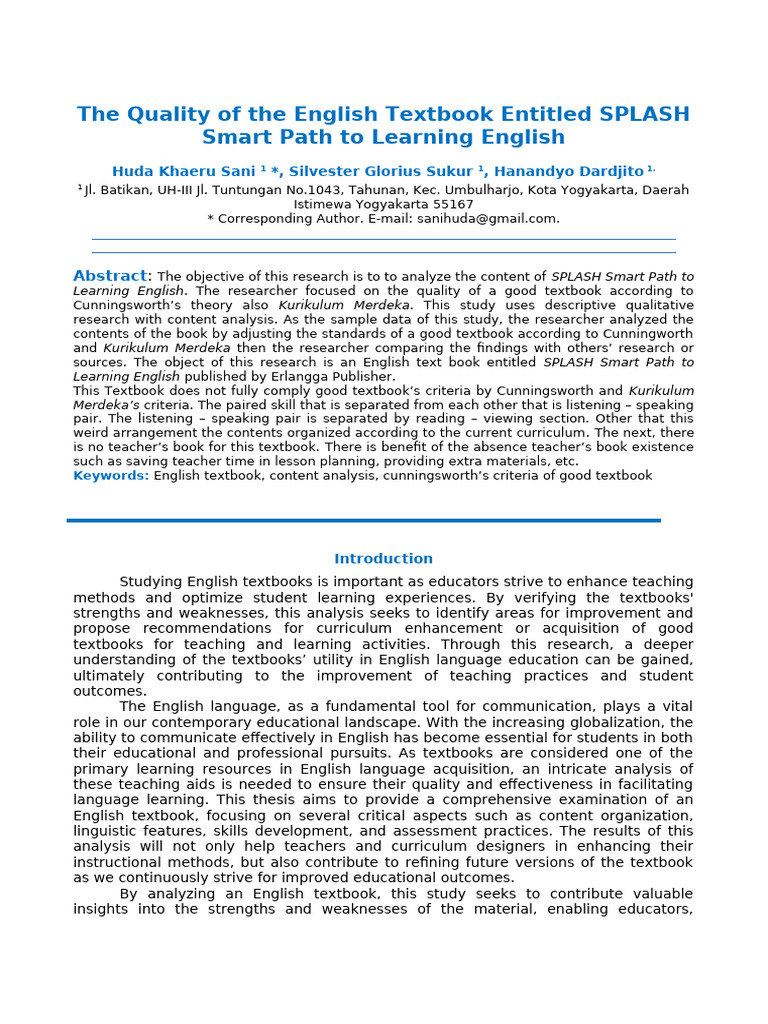 The Quality of The English Textbook Entitled SPLASH Smart Path To ...