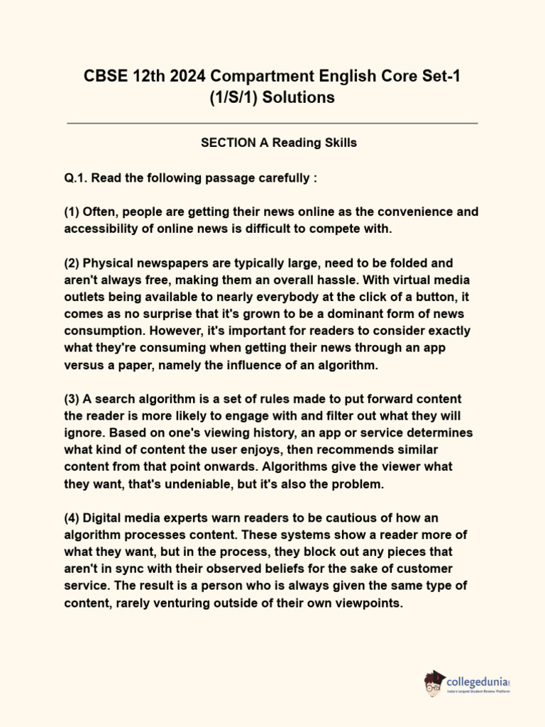 CBSE 12th 2024 Compartment English Core Set 1 1 S 1 Solutions | PDF ...
