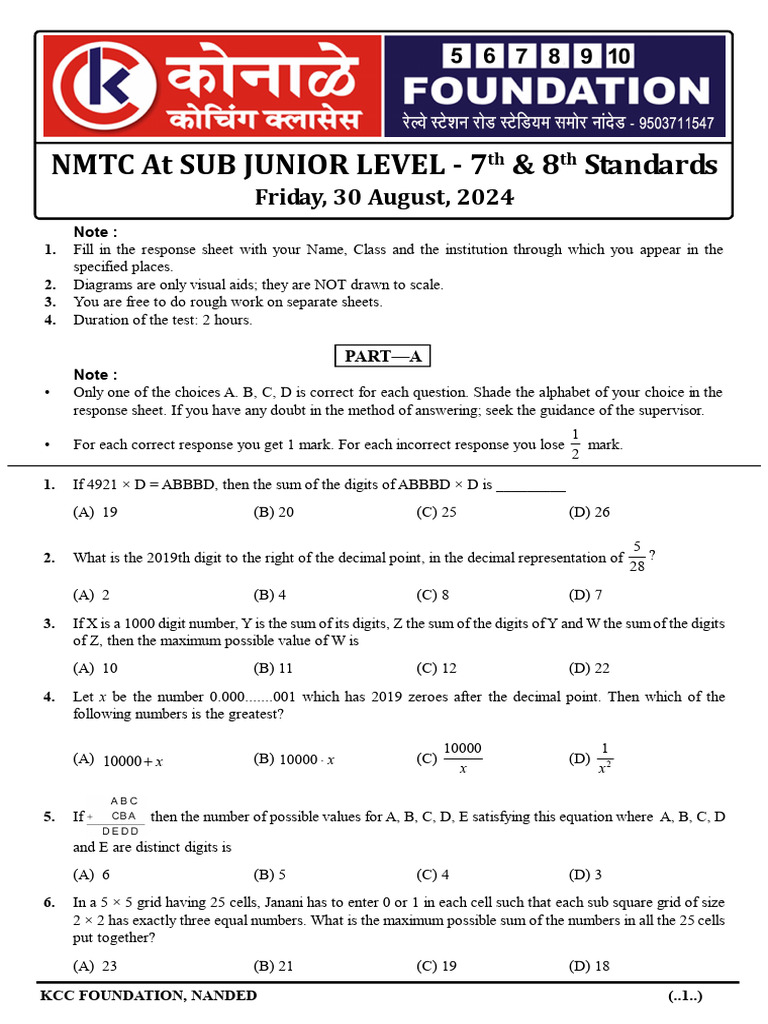 1 - 7th & 8th - NMTC - Final - Date-30-08-2024 | PDF | Numbers | Area