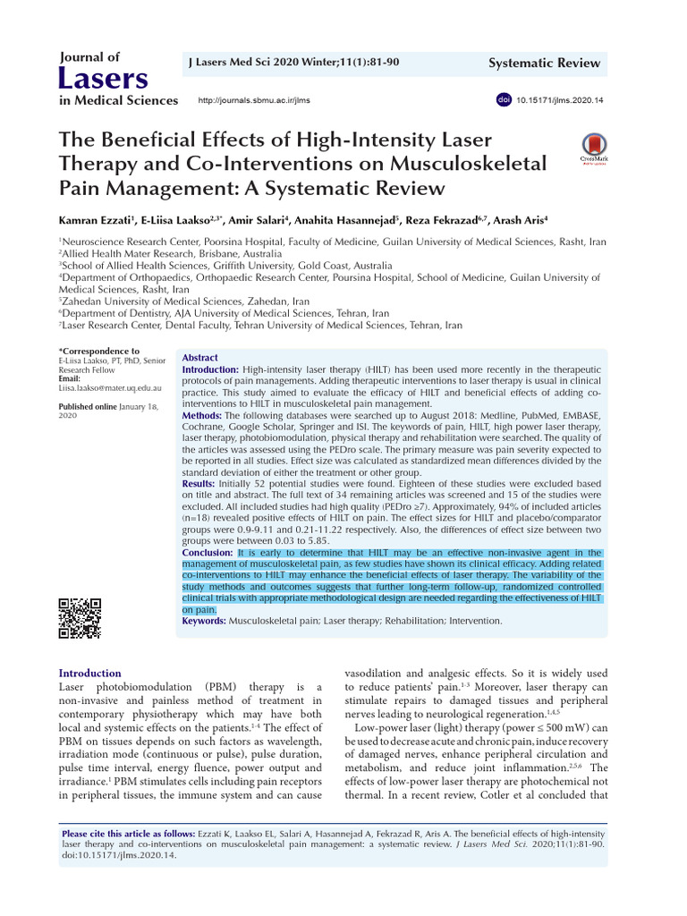 The Beneficial Effects of High-Intensity Laser | PDF | Effect Size | Pain