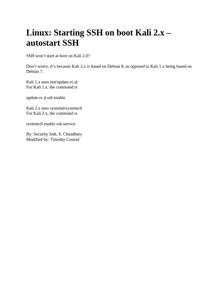 Enable SSH on Kali 2.x at Boot | PDF