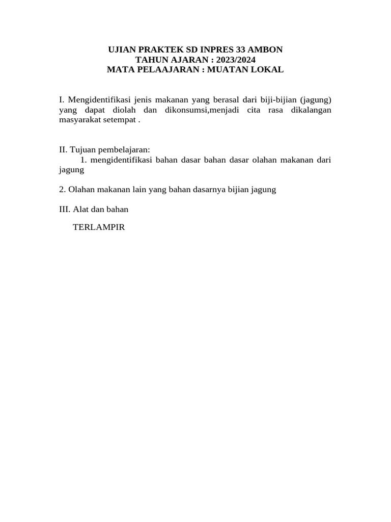 Ujian Praktek SD Inpres 33 Ambon | PDF