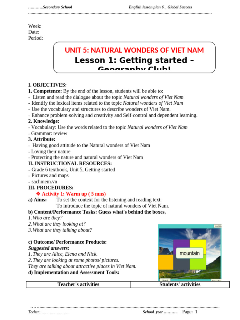 Unit 5: Natural Wonders of Viet Nam: Lesson 1: Getting Started - Geography Club! | PDF | Noun ...