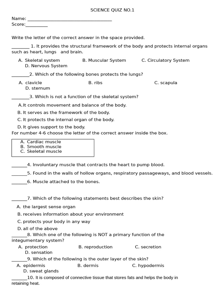 SCIENCE QUIZ NO1.docx Skeletalmuscularintegumentaryrespiratory | PDF | Muscle | Respiratory System