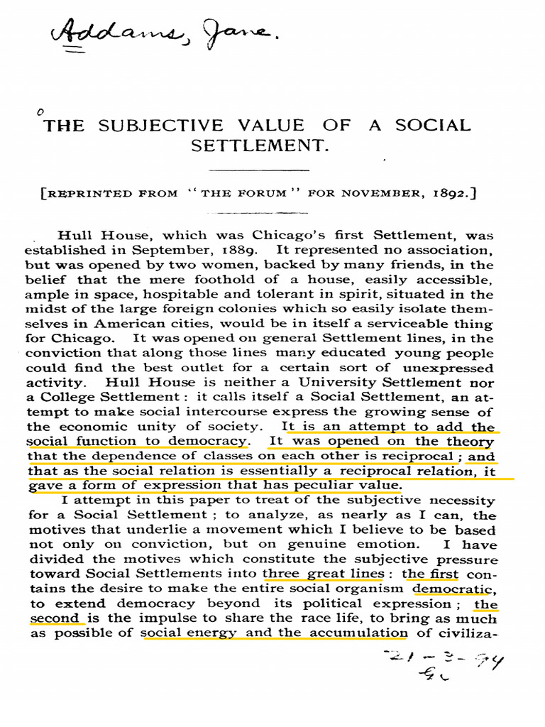 Jane Addams' Social Settlement Value | PDF | Activism | Social Movements