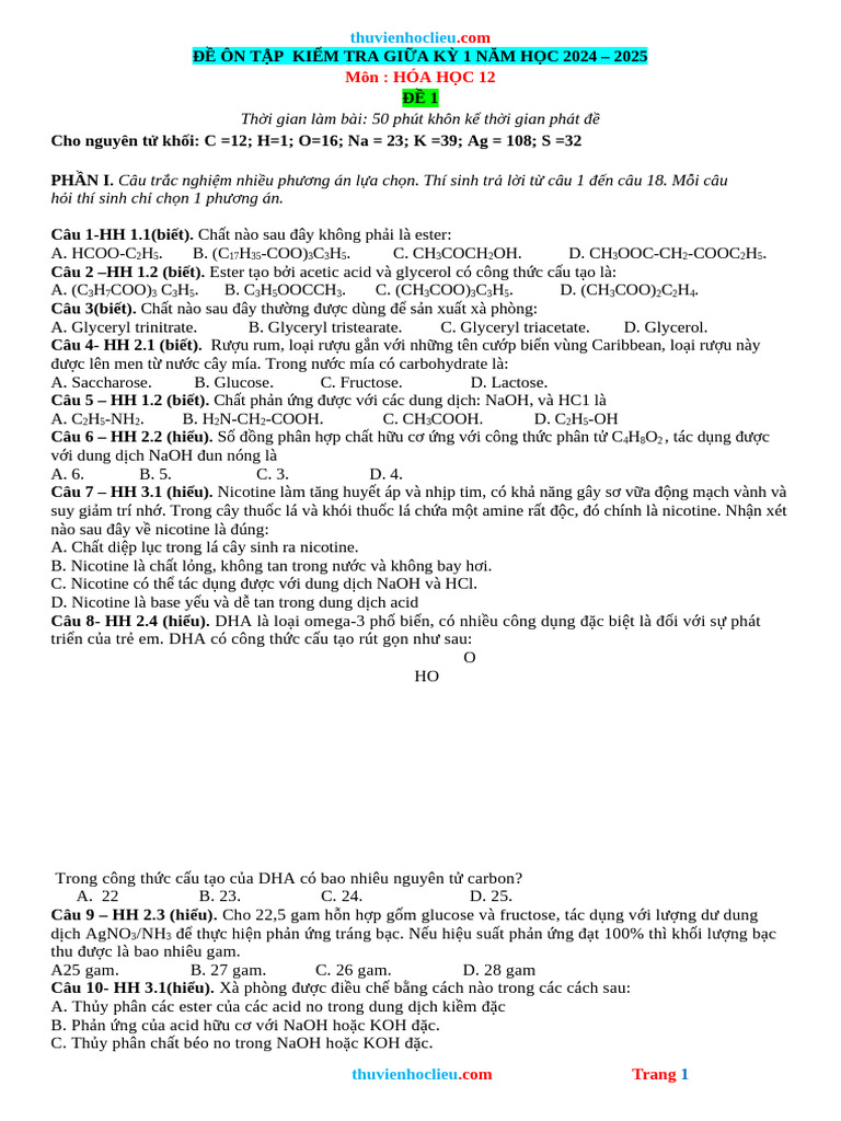 10 de On Tap Giua HK1 Hoa 12 Canh Dieu CTM | PDF