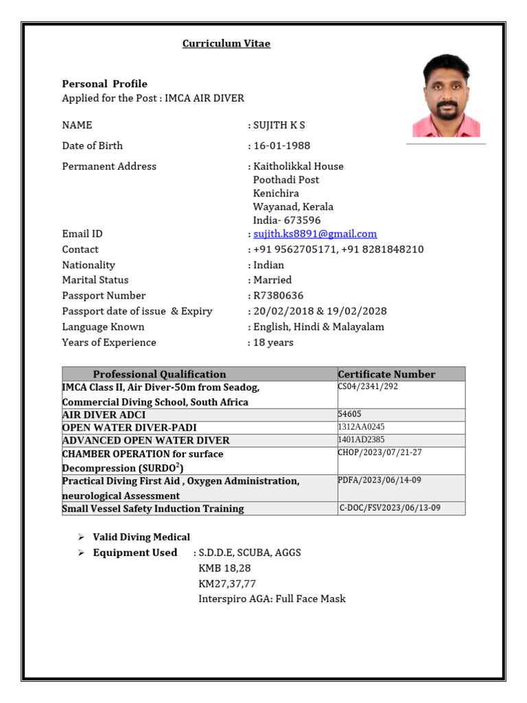 Sujith - CV With Certificates | PDF | Underwater Diving | Scuba Diving