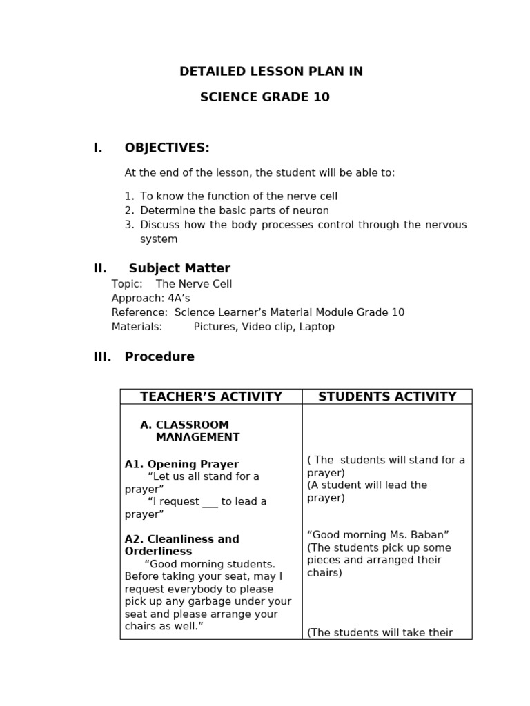 DETAILED LESSON PLAN The Nerve Cell Finale | PDF | Neuron | Nerve
