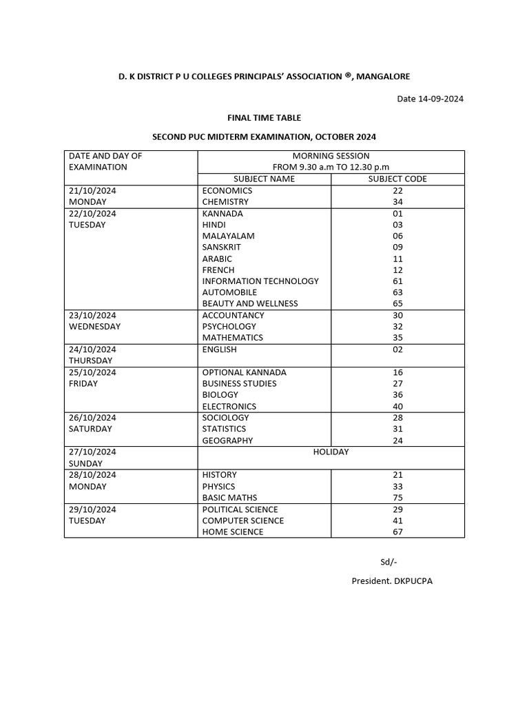 Mid Term Time Table - Final | PDF | Science
