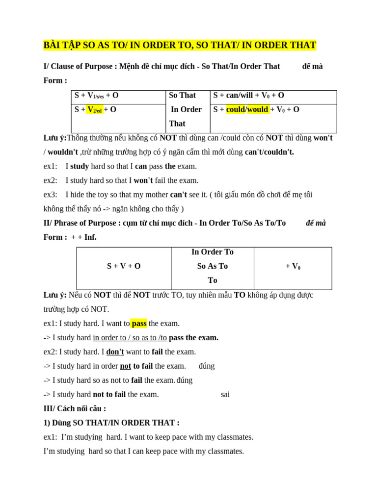 Bai Tap So As To in Order To So That in Order That | PDF