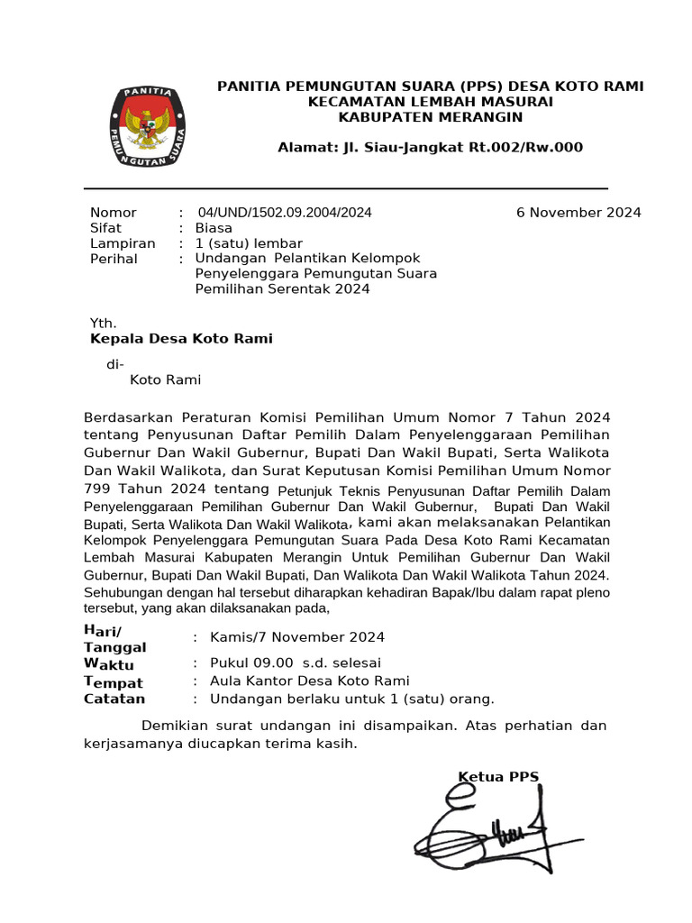 Undangan Pelantikan PPS Koto Rami 2024 | PDF | Hukum