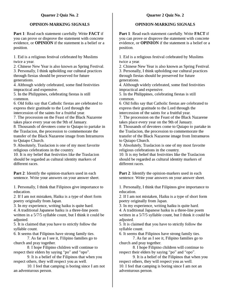 Opinion Marking Signals Quiz | PDF | Foreign Language Studies