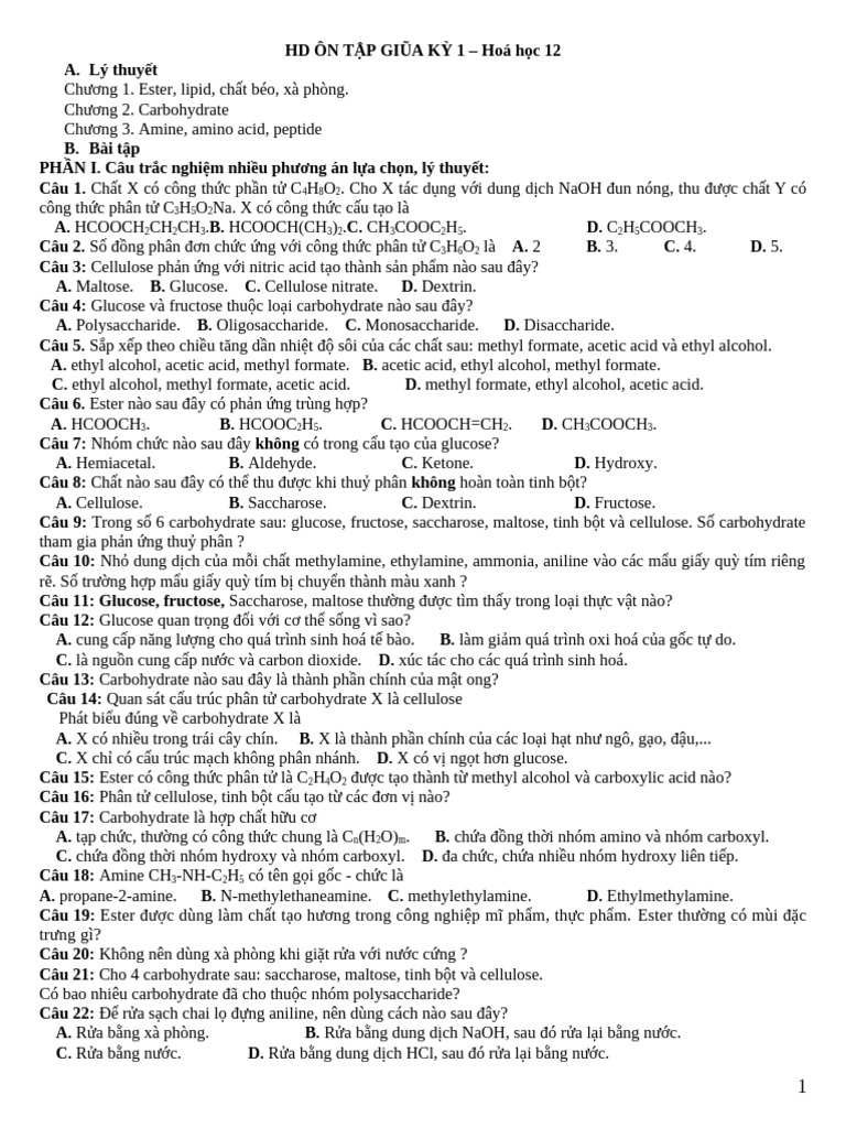 HD ÔN TẬP GIỮA KỲ 1- HOÁ 12 hs | PDF