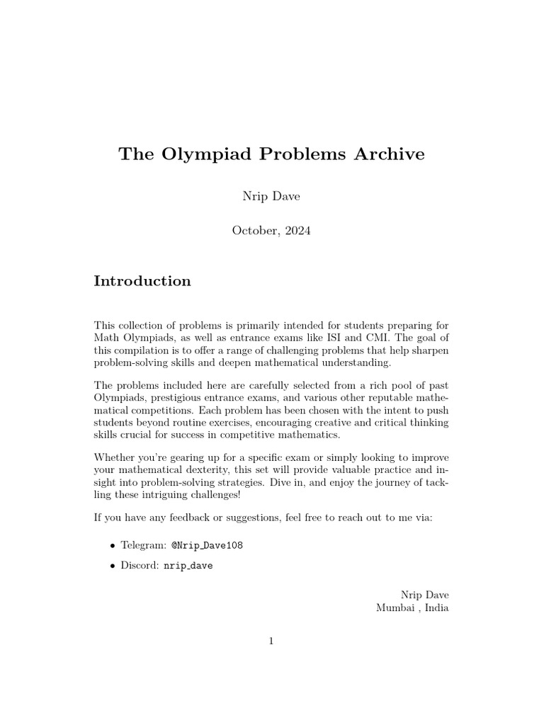 The Olympiad Problems Archive: Nrip Dave | PDF | Square Root | Prime Number