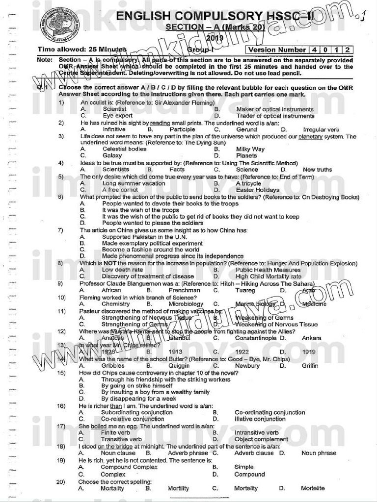 Past Paper 2019 Federal Board HSSC Inter Part II English Compulsory Group I Objective EUM | PDF