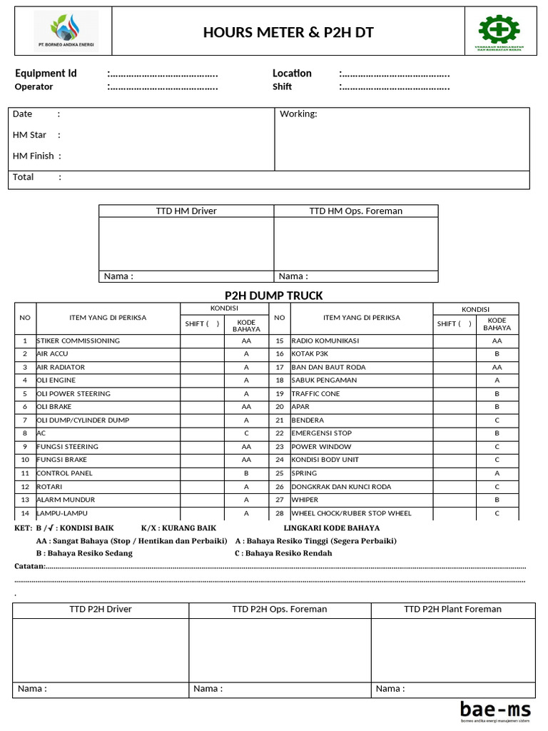 Checklist Pemeliharaan Dump Truck P2H | PDF