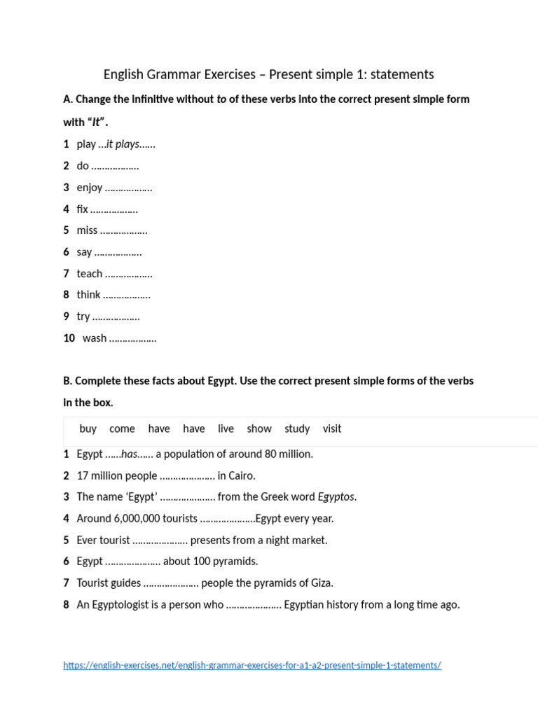 Year 6 Present Simple Grammar Exercises | PDF | Egyptian Pyramids ...