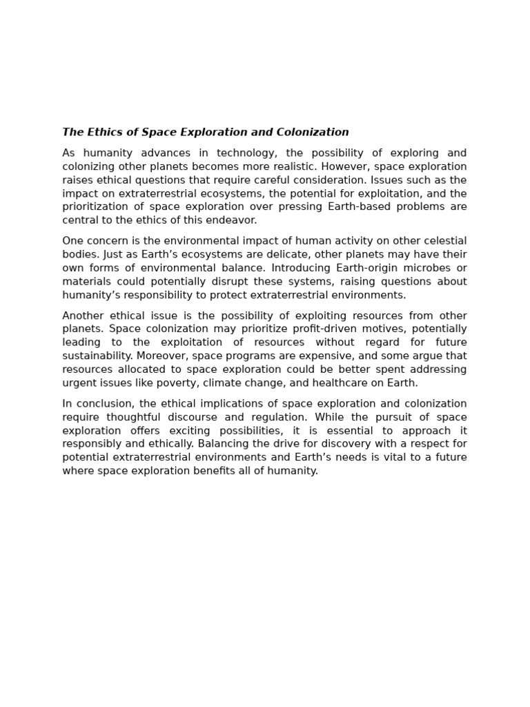 The Ethics of Space Exploration and Colonization | PDF