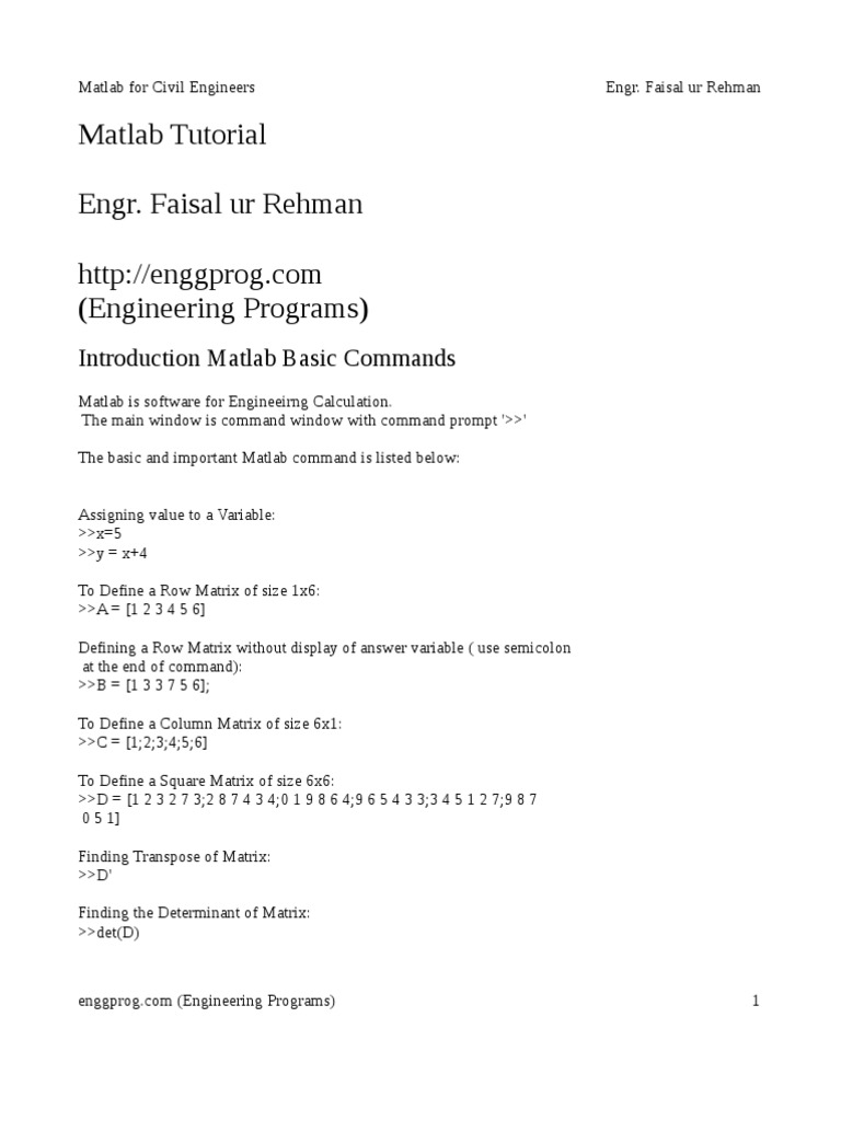 Matlab For Civil Engineer | PDF | Matlab | Matrix (Mathematics)