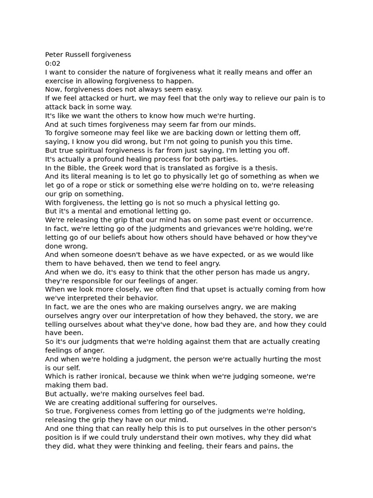 Peter Russell Forgiveness Transcript | PDF | Forgiveness | Feeling