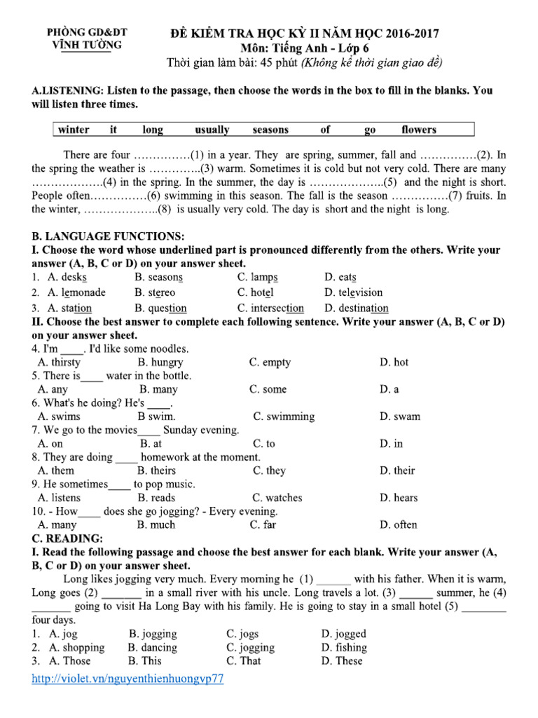 Kỳ 2 Anh 6 Vĩnh Tường 2016-2017 - Tiếng Anh 6 - Nguyễn Thiên Hương - Thư Viện Đề Thi & Kiểm Tra ...