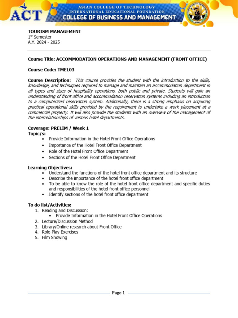 FRONT OFFICE WEEK 1 For Students | PDF
