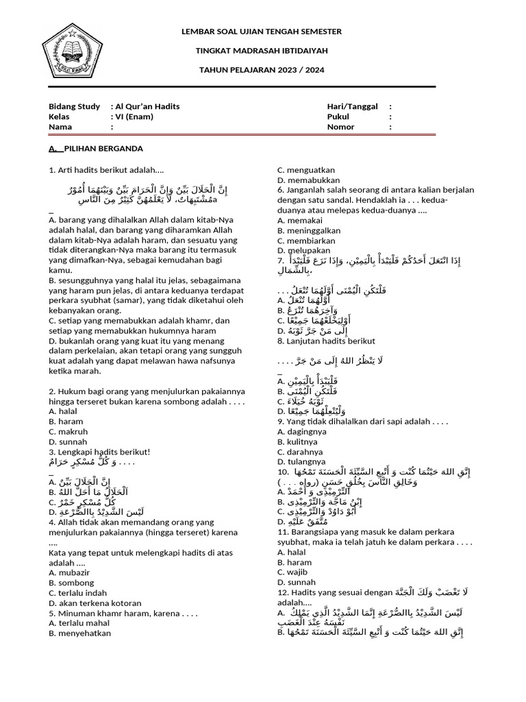 LEMBAR SOAL UTS Quran Hadits 6 KELAS | PDF