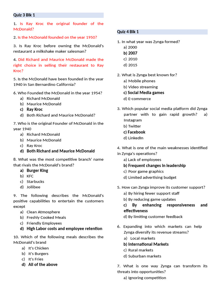 Quiz 3 5 BLK 123 | PDF | Mc Donald's | Hamburgers