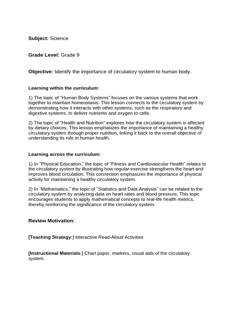 Lesson Plan (3) | PDF | Circulatory System | Heart