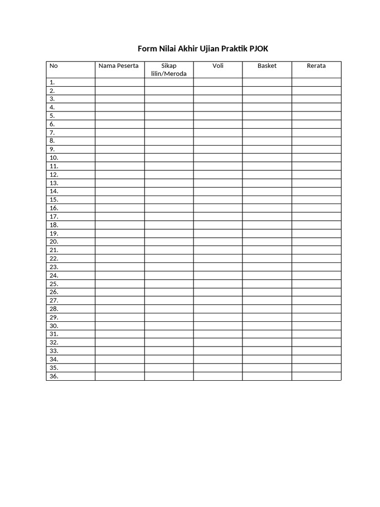 Form Nilai Akhir Ujian Praktik PJOK | PDF