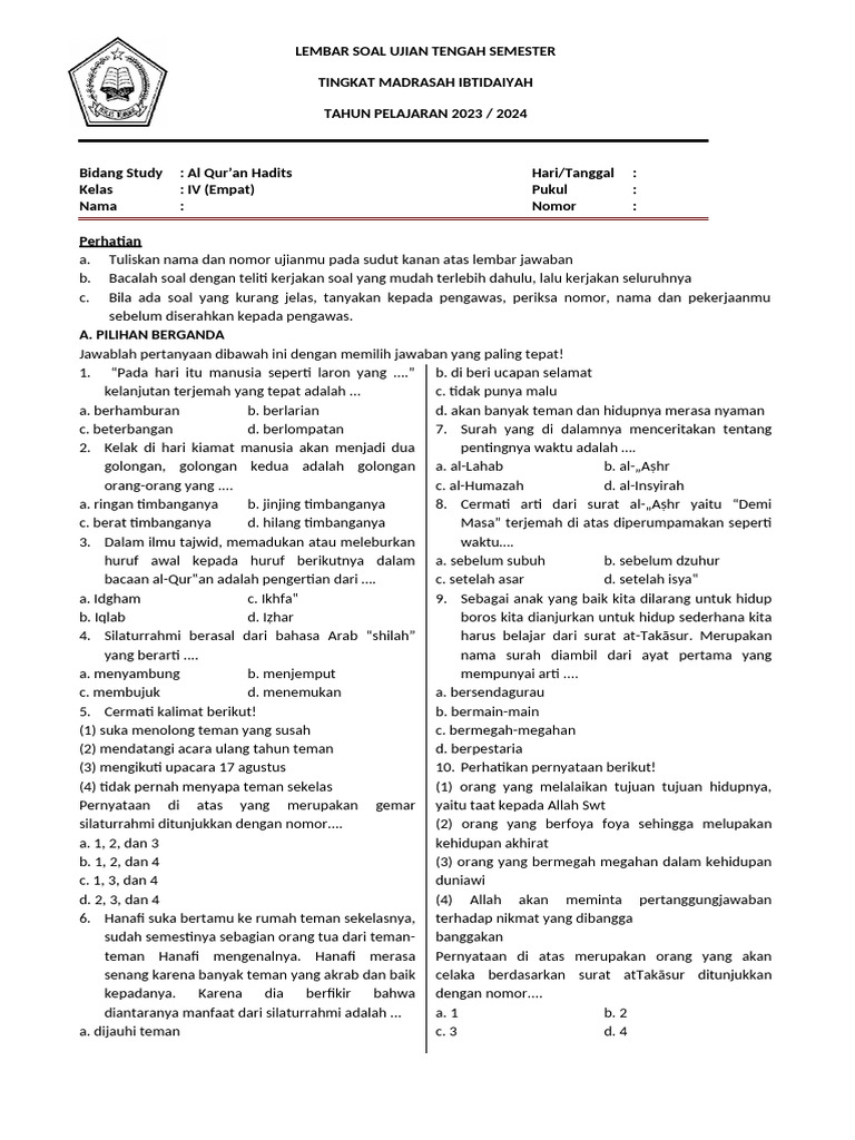 LEMBAR SOAL UTS Quran Hadits 5 KELAS | PDF