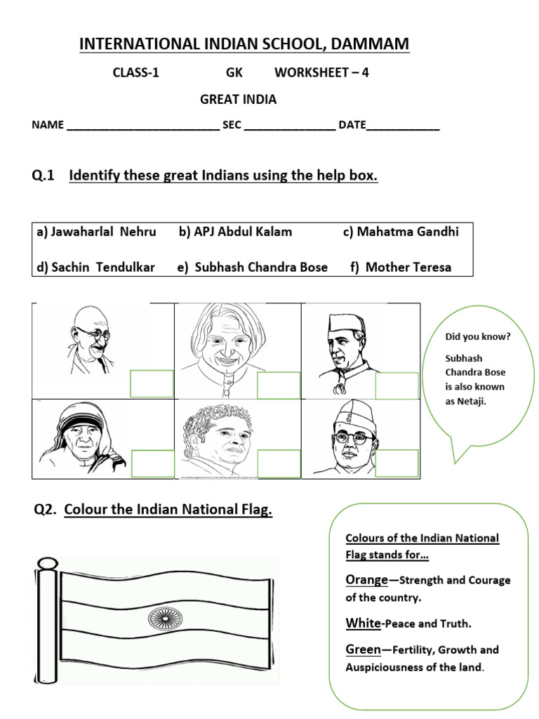 Class 1 GK Worksheet: Great Indians | PDF