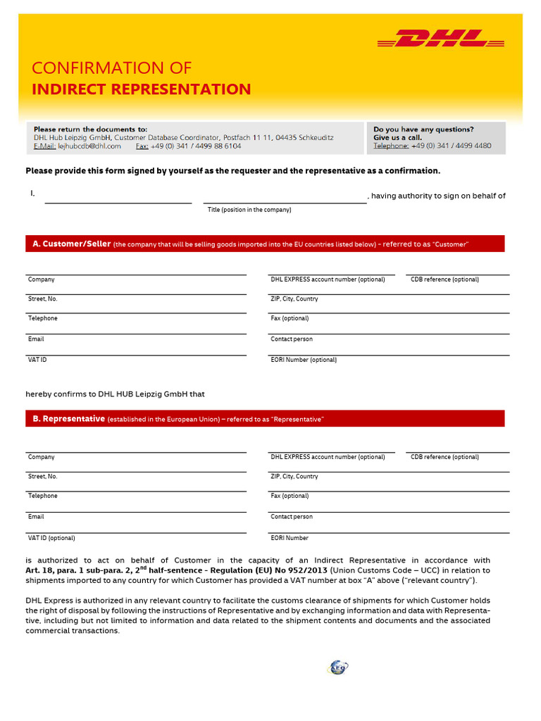 DHL Customs Indirect Representation Form | PDF | Customs | Government ...
