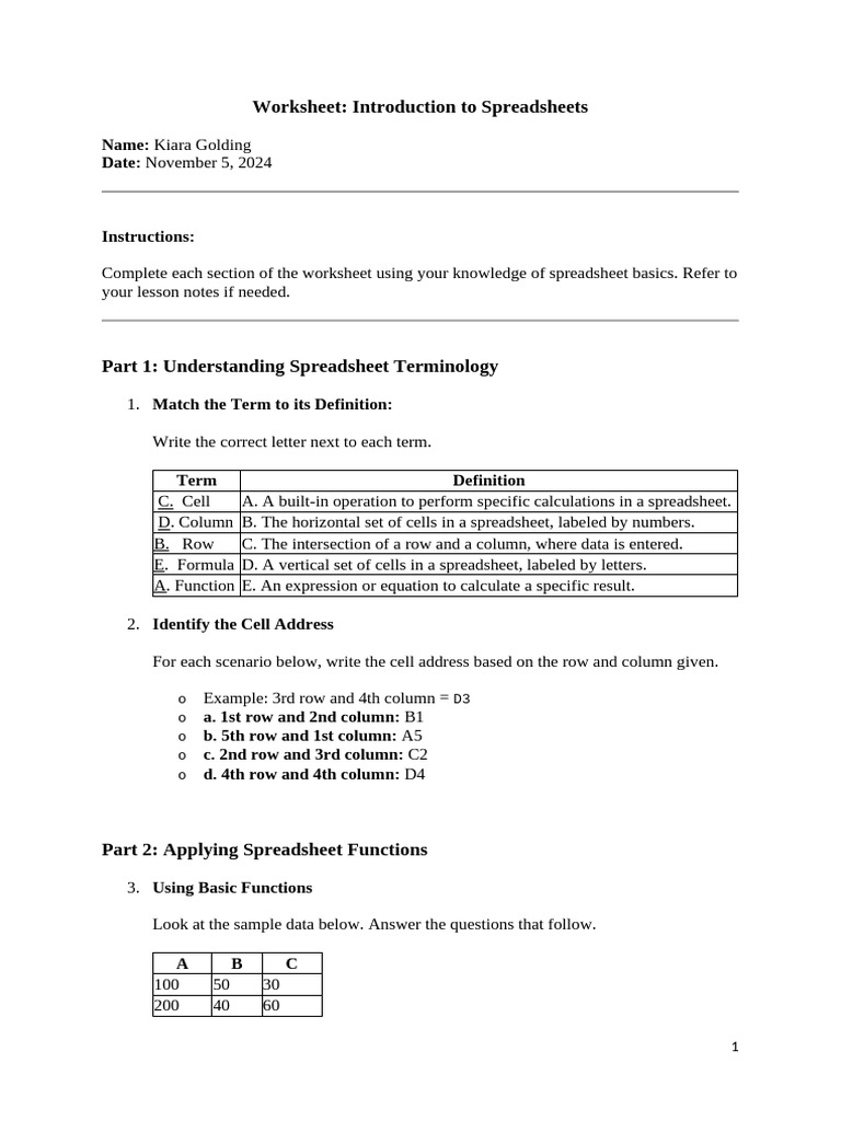 Spreadsheet Worksheet Obj. 1 - 3 | PDF | Spreadsheet | Computer Data Storage