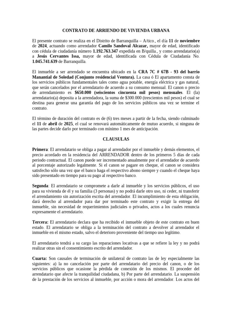 Contrato de Arriendo de Vivienda Urbana - Modelo | PDF | Ley común