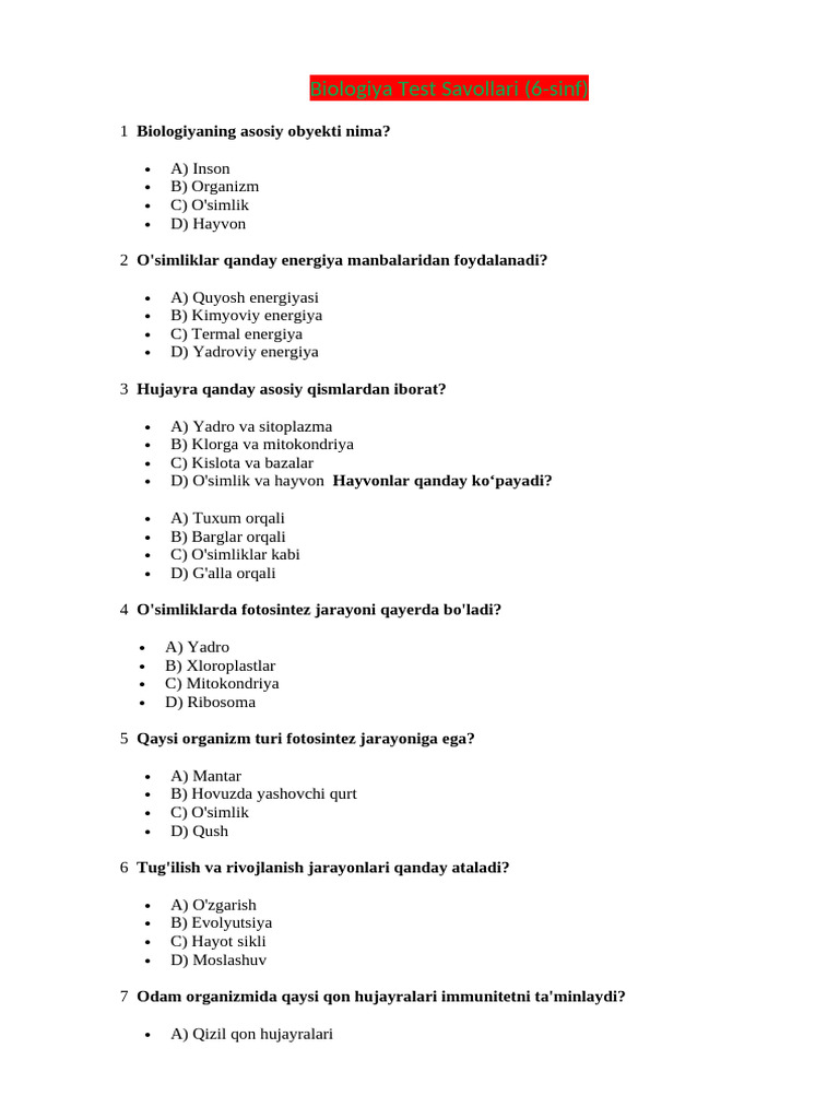 Biologiya Test Savollari | PDF