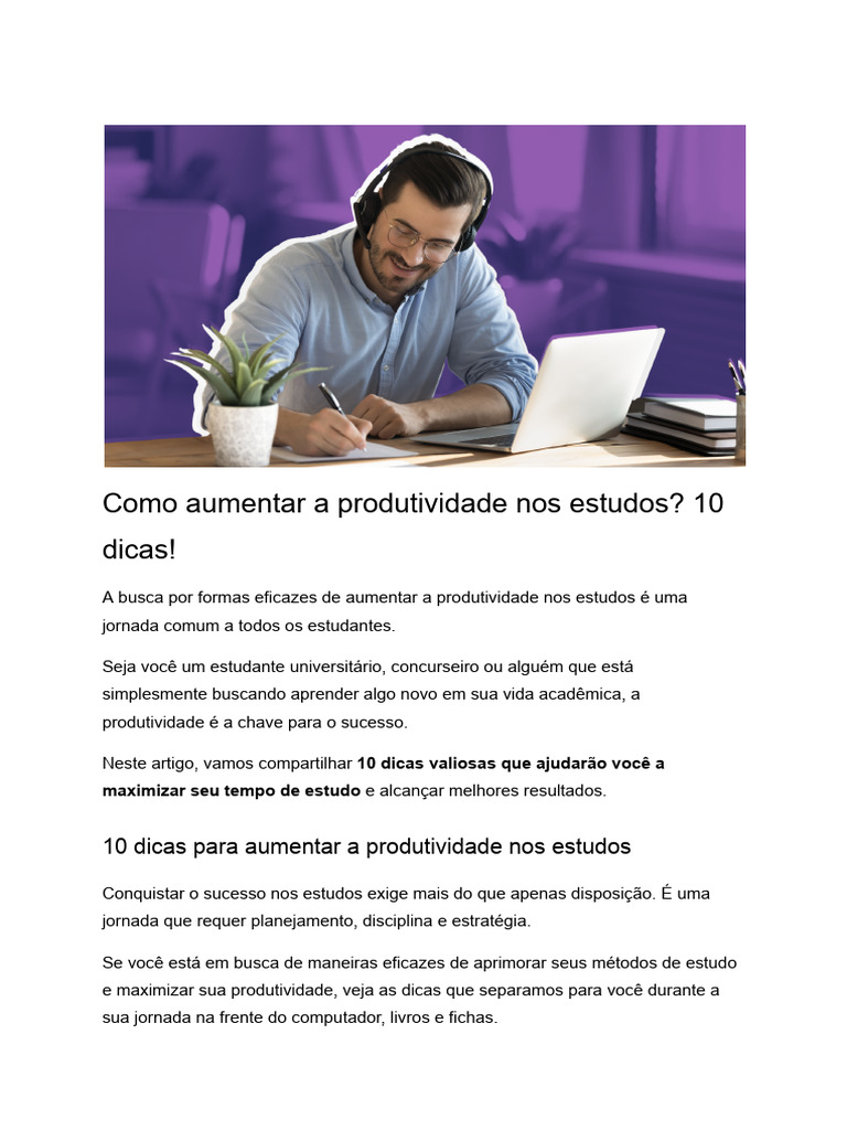 TEXTO PARCERIA - Como Aumentar A Produtividade Nos Estudos - 10 Dicas! | PDF | Aprendizado | Tempo