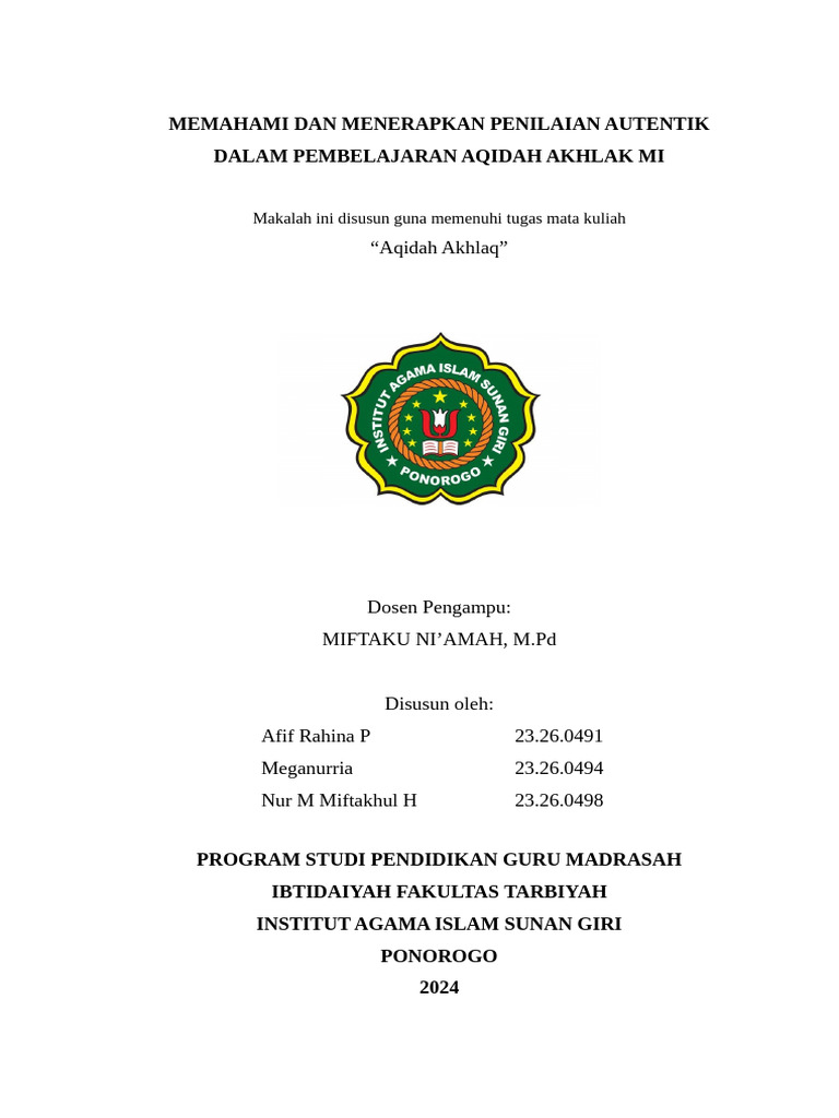 Penilaian Autentik dalam Aqidah Akhlaq MI | PDF