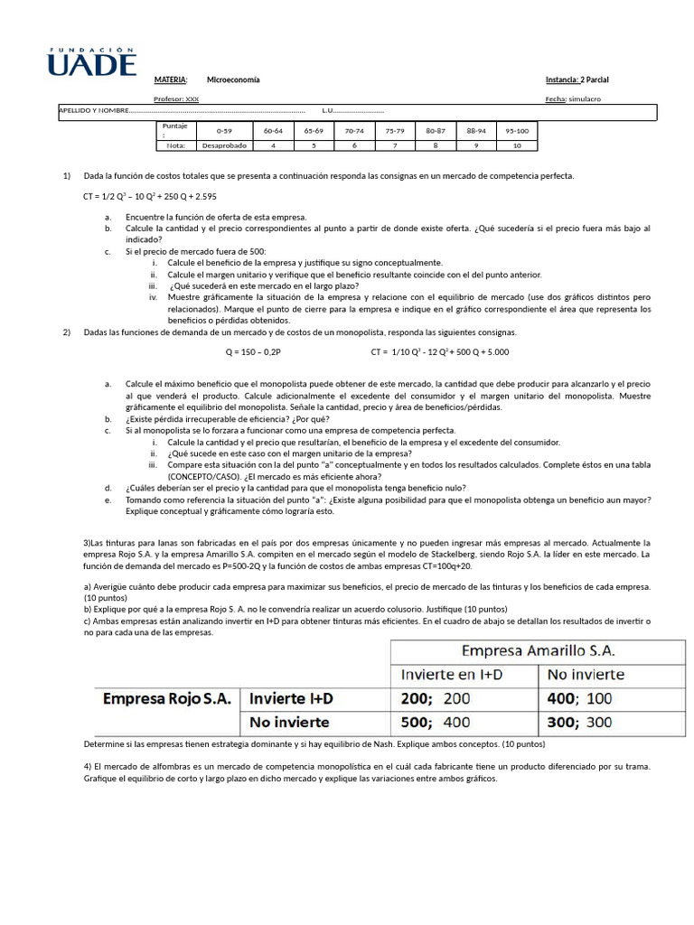 Modelo de Segundo Parcial Micro | PDF | Mercado (economía) | Monopolio