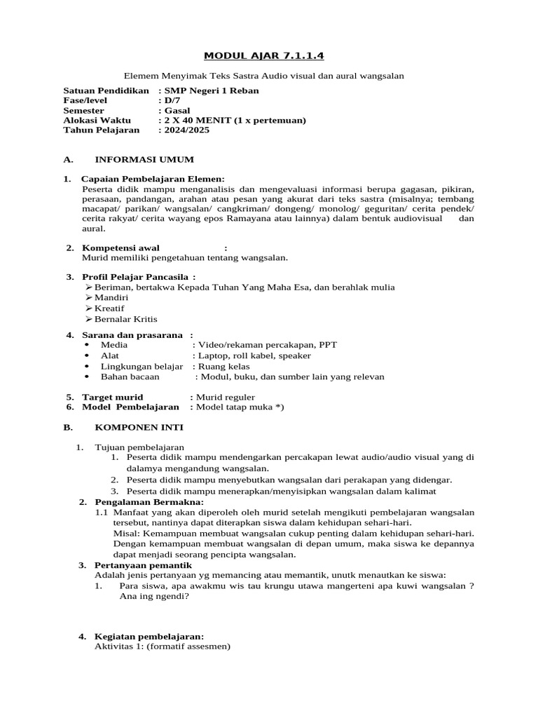 Pembelajaran Wangsalan di SMP Reban | PDF | Seni & Disiplin Bahasa | Kajian Bahasa Asing