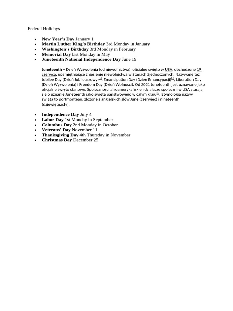 Federal Holidays Konkurs | PDF