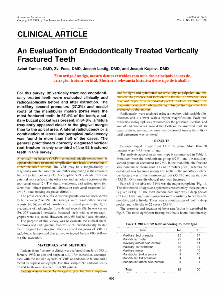 An Evaluation of Endodontically Treated Vertically Fractured Teeth ...