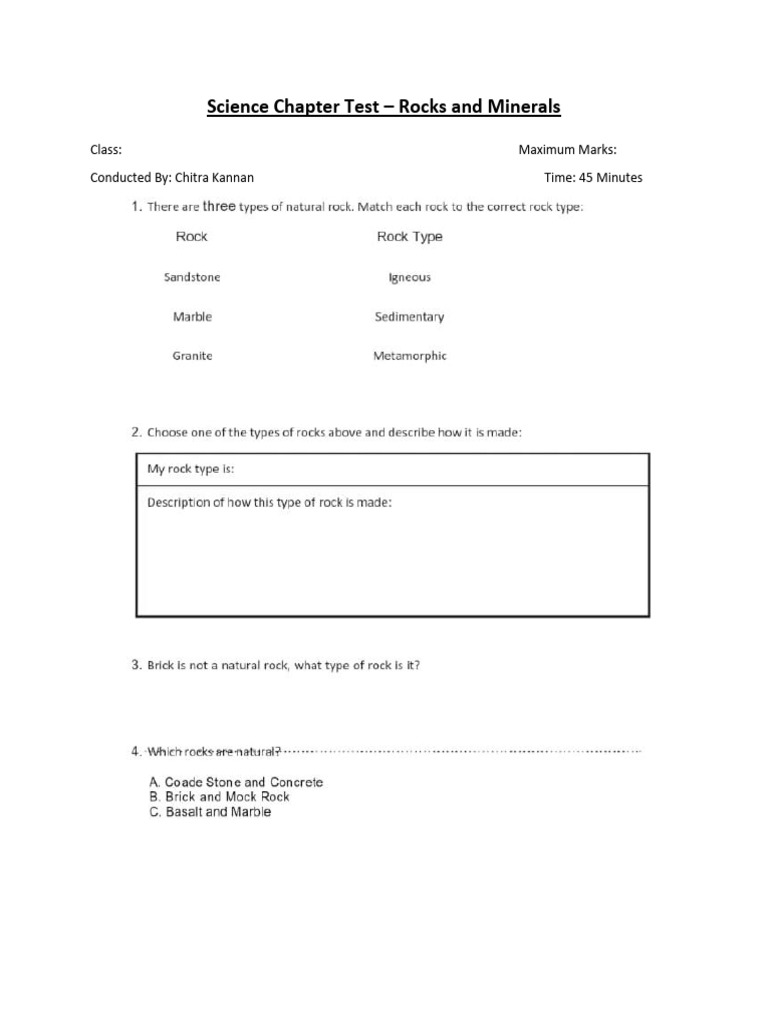Science Chapter Test - Rocks and Minerals | PDF