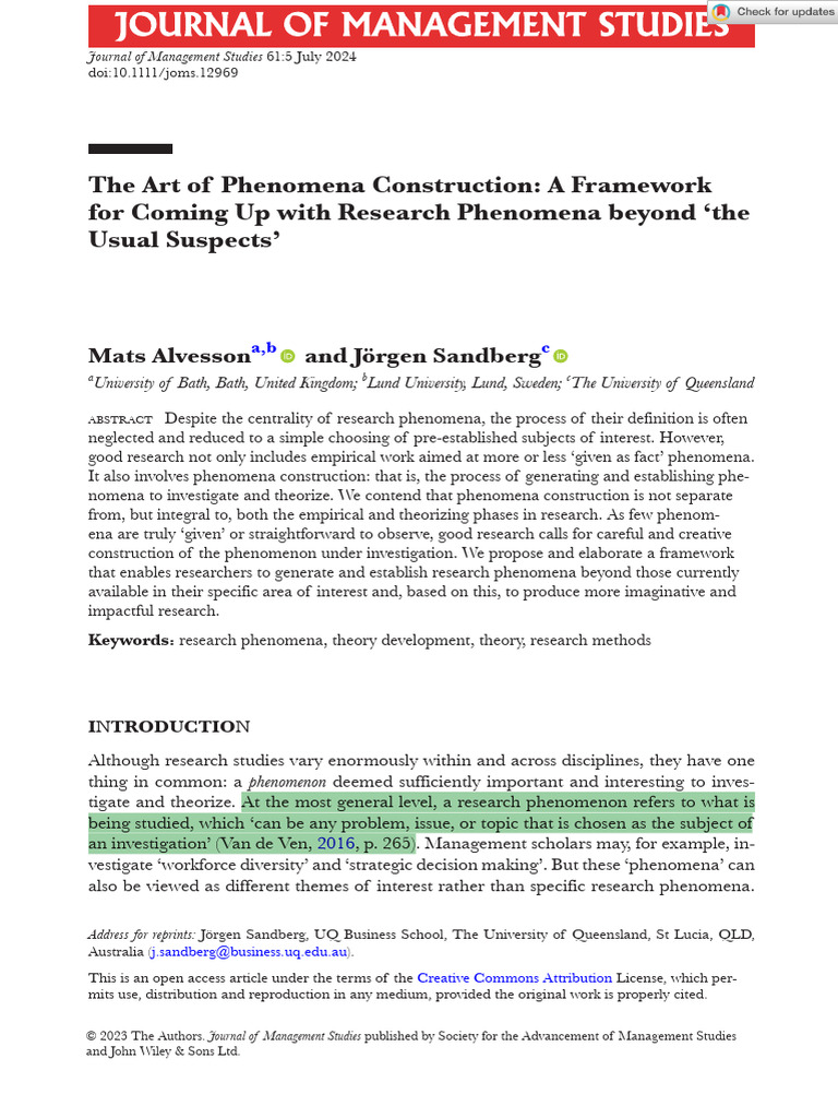 2023 - Alvesson - The Art of Phenomena Construction A Framework For ...