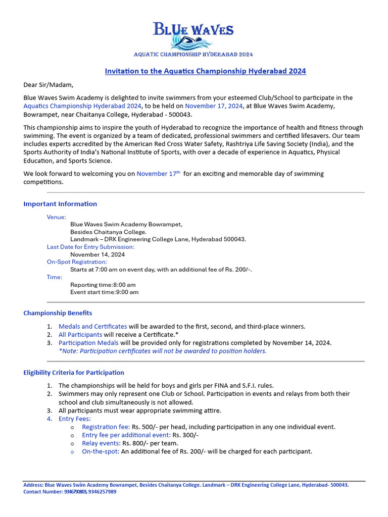 Aquatics Championship Hyderabad 2024 Invitation | PDF | Racing | Swimming