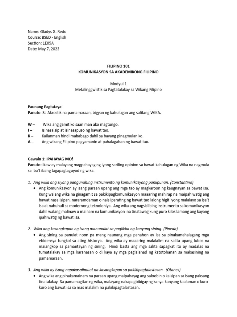 Filipino 101 - Modyul 1 | PDF