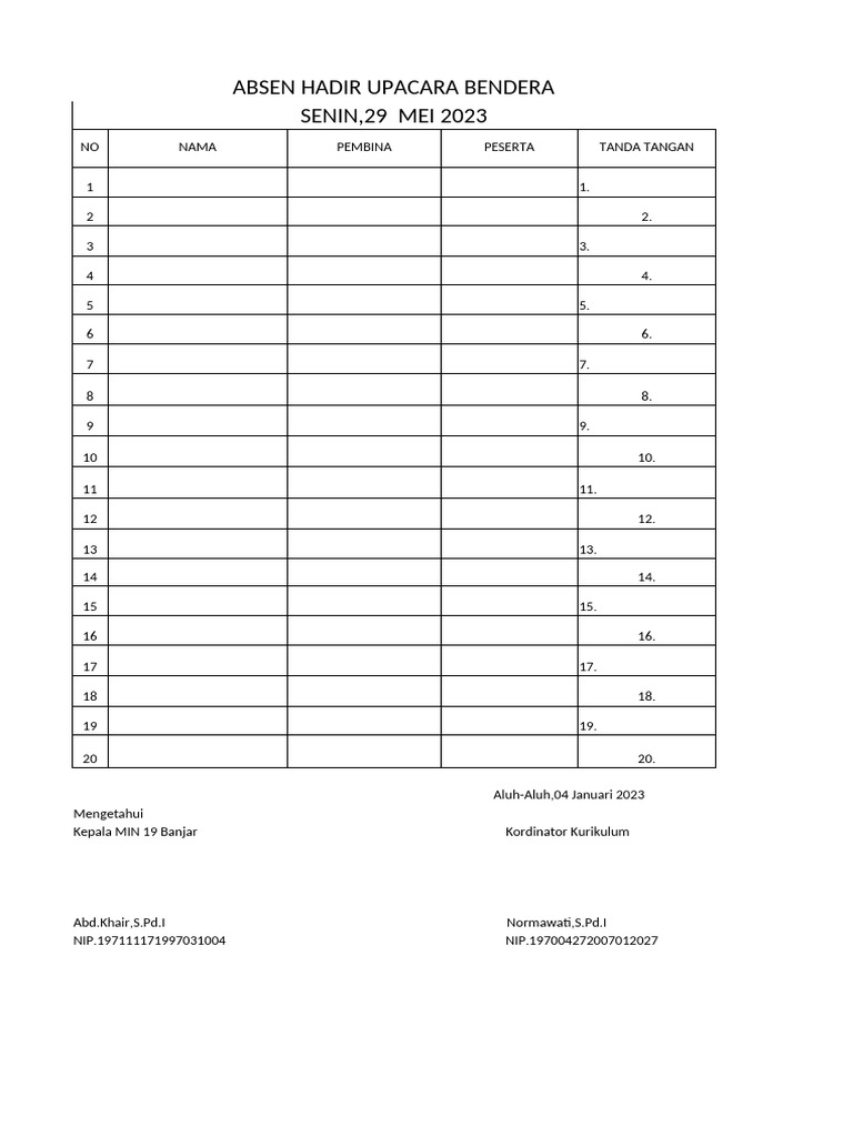 Absen Hadir Pembina Dan Peserta Upacara Bendera SMTR 2022 | PDF