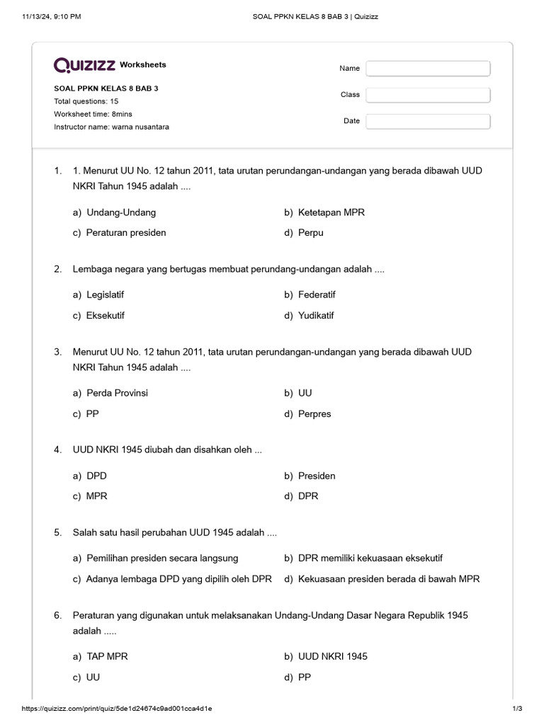 SOAL PPKN KELAS 8 BAB 3 - Quizizz | PDF