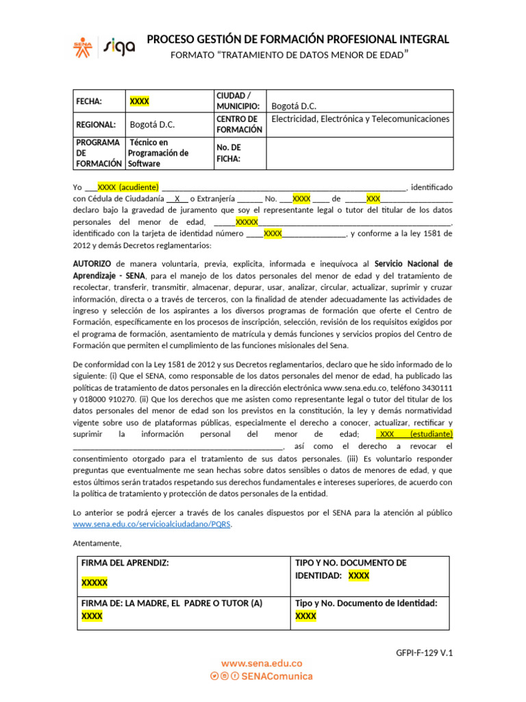 GFPI-F-129 Formato Tratamiento de Datos Menor de Edad | PDF | Documento de identidad